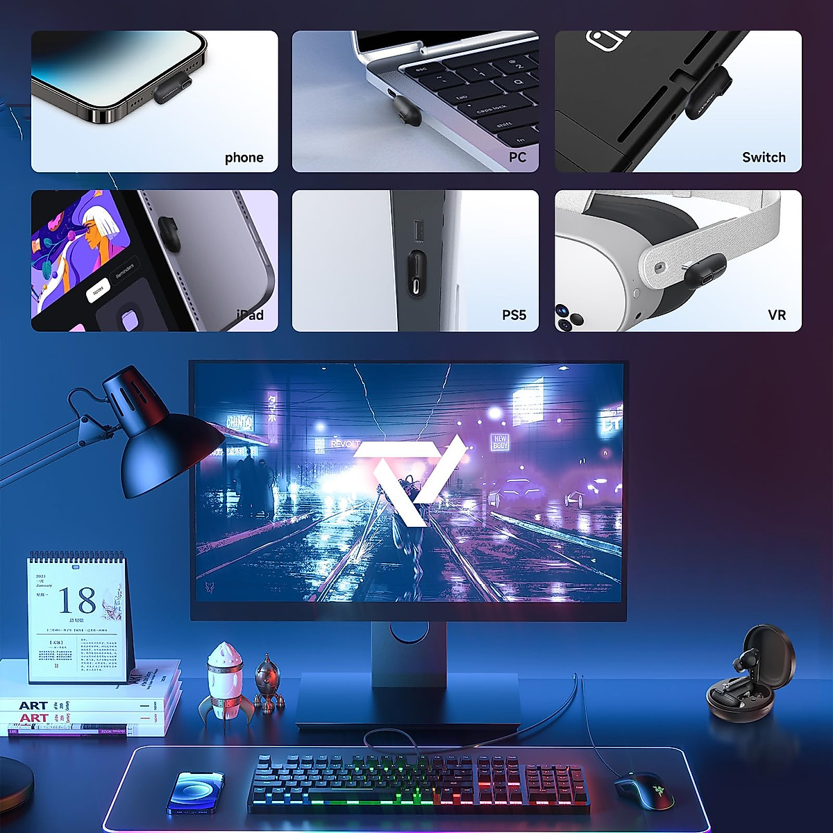 PRISMXR Wireless Gaming Earbuds Compatible with PS5/4, Meta Quest 3S/Quest 3/Quest 2, 25ms Low-Latency, 2.4GHz Bluetooth for Steam Deck, Switch, PC (USB-C Dongle Included) - Vega T1