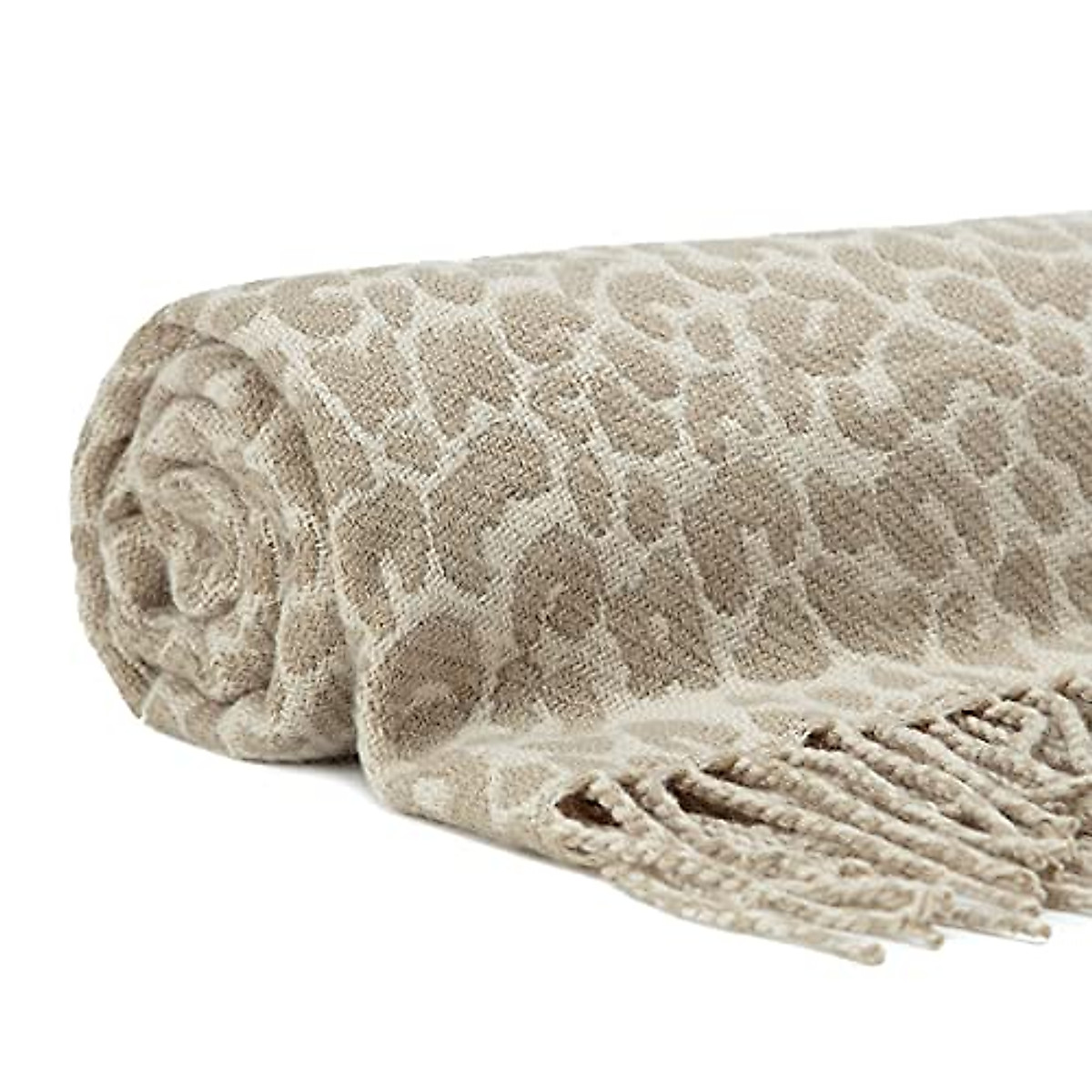 Chanasya Super Soft Leopard Print Acrylic Throw Blanket with Tassels - Lightweight Modern and Shabby Chic Woven Blanket for Bed, Sofa, Chair, Living Room, and Bedroom Decor (50x65 Inches) Beige