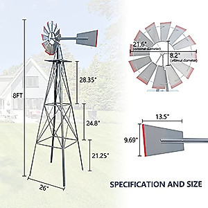 HAHASOLE 8ft Garden Windmill, Heavy Duty Durable Metal Weather Vane for Backyard, Ornamental Windmill for Yard Weather Resistant (Gray, 8FT)
