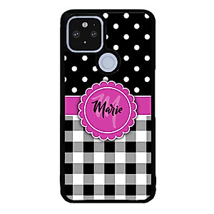 Black White Pink Plaid and Polka Dots Personalized Black Rubber Phone Case Compatible With Google Pixel 8 Pro, 8a, 8, 7a, 7, Pixel 7 Pro, 6a, Pixel 6 Pro, 6, 5, 4a 5G, 4a 4G, 4, 4 XL, 3a