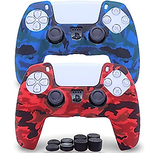 Sofunii 2 Pack Silicone Controller Skins Camo Anti-Slip Cover Case Protector Sleeve for PlayStation 5 /PS5 Controller with 8 x Thumb Grip Caps(Blue,Red)