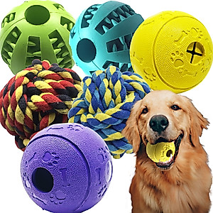 Jalousie Dog Puzzle Balls Dog Treat Dispensing Balls Non-Toxic Natural Rubber Dog Chew Toys for Puppy Pet Dog Teething Puzzle Playing Treat Dispenser Rope Balls (Large - 6 Pack)
