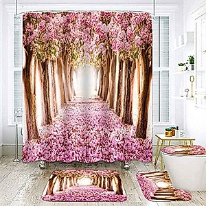SDDSER Pink Cherry Blossom Shower Curtain Set, 4PCS Sakura Forest Bathroom Sets with Shower Curtain and Bath Mat, Toilet Lid Cover and U Shaped Rugs, 71" x 72" Bathtub Curtain with Hooks, SETPYSD7
