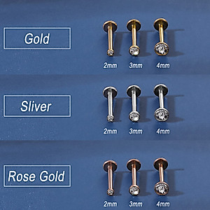 ZS 9Pcs 16G/18G/20G Threadless Push in Lip Labret Nose Studs, Stainless Steel Piercing Jewelry for Conch Medusa Piercing, CZ Forward Helix Tragus Earring for Women Men (Stick CZ/16g/8mm)