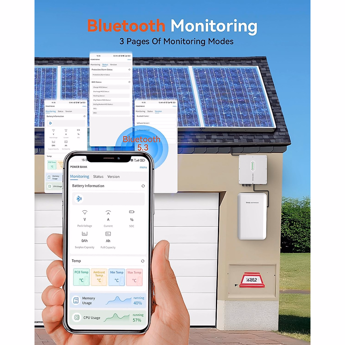 VESTWOODS 48V 100Ah LiFePO4 Battery, Canbus RS485 100A BMS 5120Wh 16-Cells Power Wall Lithium Battery, 10 Years 6000 Deep Cycles for Solar Energy Storage, Off-grid, Standby Power, IP65 for Outdoor