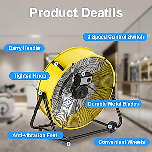 Uthfy 24 Inch Heavy Duty Industrial Drum Fan, 320W High Velocity Floor Fan with 3 Speeds, 360° Tilt Metal Garage Fan for Warehouse, Commercial, Workshop, Factory and Basement