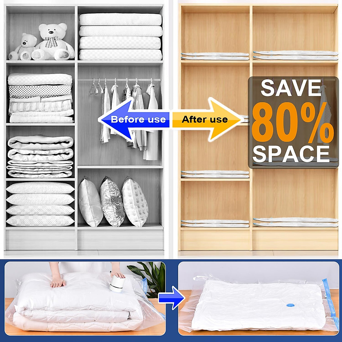 MAXSEEM Vacuum Storage Bags with Electric Pump, 14Pack Vacuum Seal Bags for Clothing, 3J/3L/4M/4S Compression Storage Bags, Space Saver Bags for Comforters, Duvet, Blankets, Coverlet, Quilt, Mattress