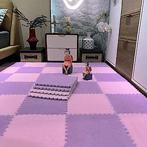Square Interlocking Foam Floor Tiles Mat 12x12in Plush Foam Puzzle Carpet Washable Non-Slip Play Area Rug,Soft Floor Protective Pad for Home Decoration-with Border(Size:10pcs,Color:Pink+Purple)