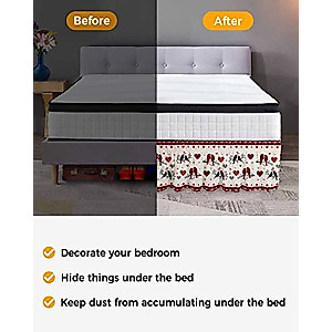 Valentine's Day Bed Skirt Queen Size 18 Inch Drop, Adjustable & Elastic Wrap Around Bed Skirts Pleated Luxury Dust Ruffles for Twin Full Queen Cal King Base Bed, Burlap Love-Bird Red Black Plaid