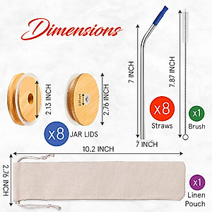 Bamboo Mason Jar Lids with Straw Hole, Stainless Steel Reusable Straws with Colored Silicone Tips, Straw Cleaner Brush and Polyester Bag, 70mm Bamboo Mason Jar Lids (Regular Mouth)