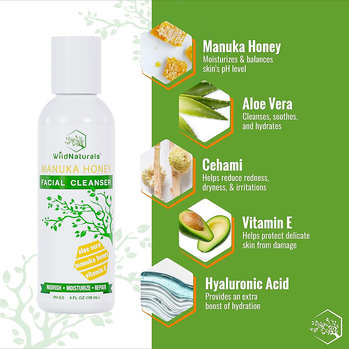 Wild Naturals Gentle Manuka Honey Face Wash - Eczema Facial Cleanser with Aloe Vera Extract, Hydrating & Soothing for Dry, Sensitive Skin - Repairs & Nourishes Irritated & Damaged Skin