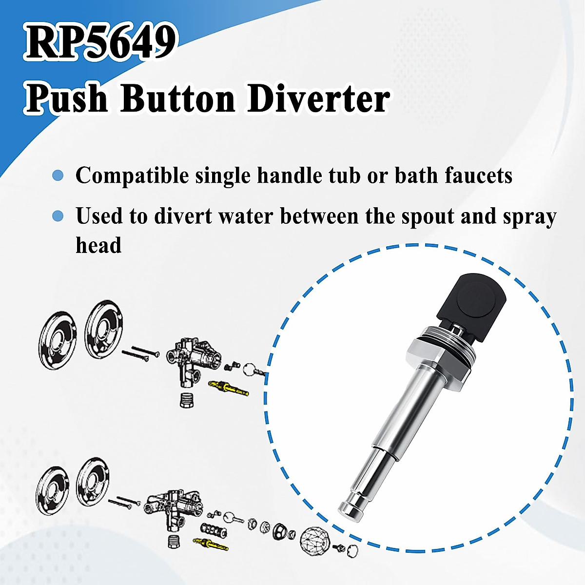 Ebrmeiwo RP5649 Stainless Steel Push Button Diverter, Compatible with Tub and Shower Faucets, Replacement Bathtub Valves Assembly