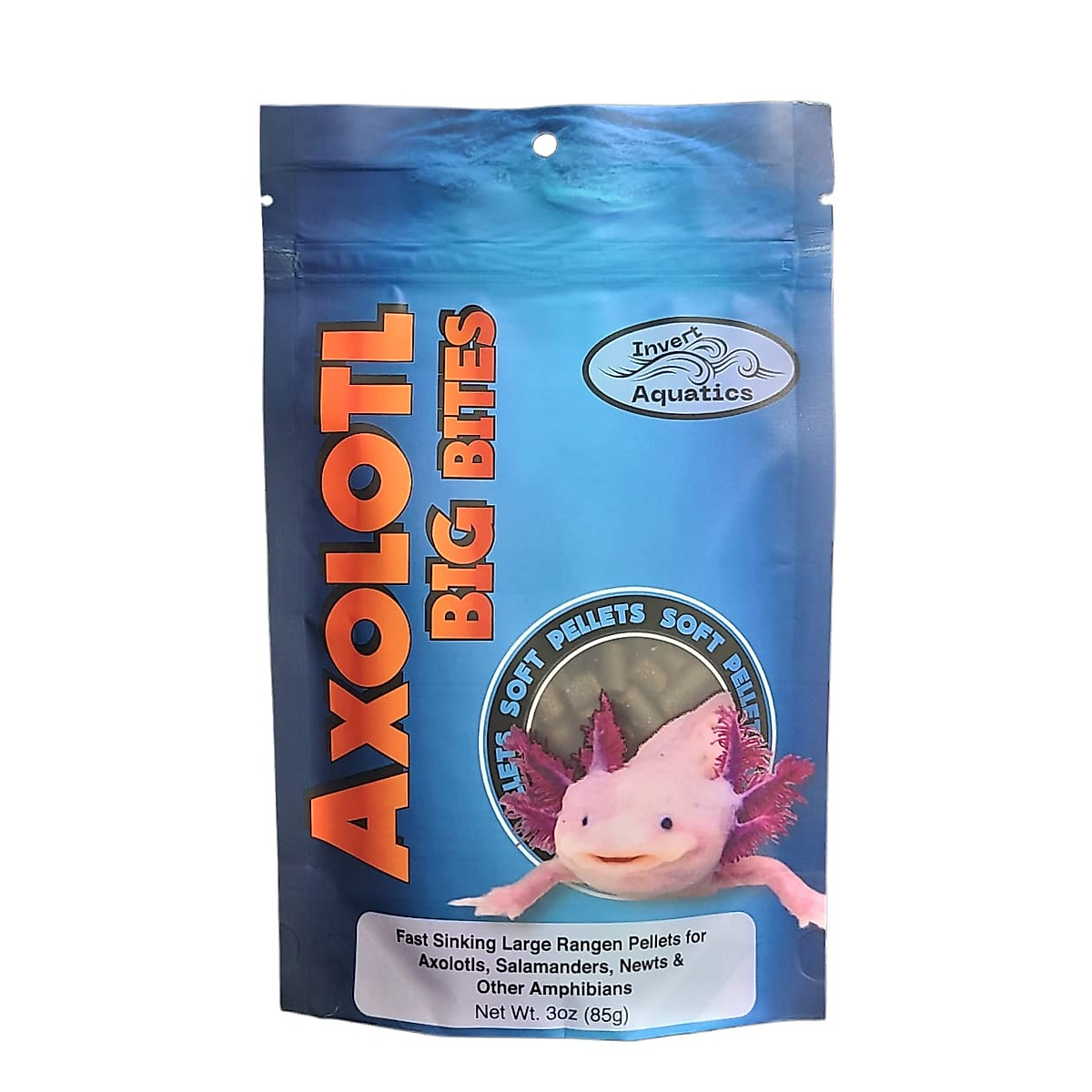 Invert Aquatics Axolotl Big Bites - Fast Sinking, Soft Pellet Daily Diet for Axolotls, Newts, Salamanders & Other Amphibians (3 oz (85g))