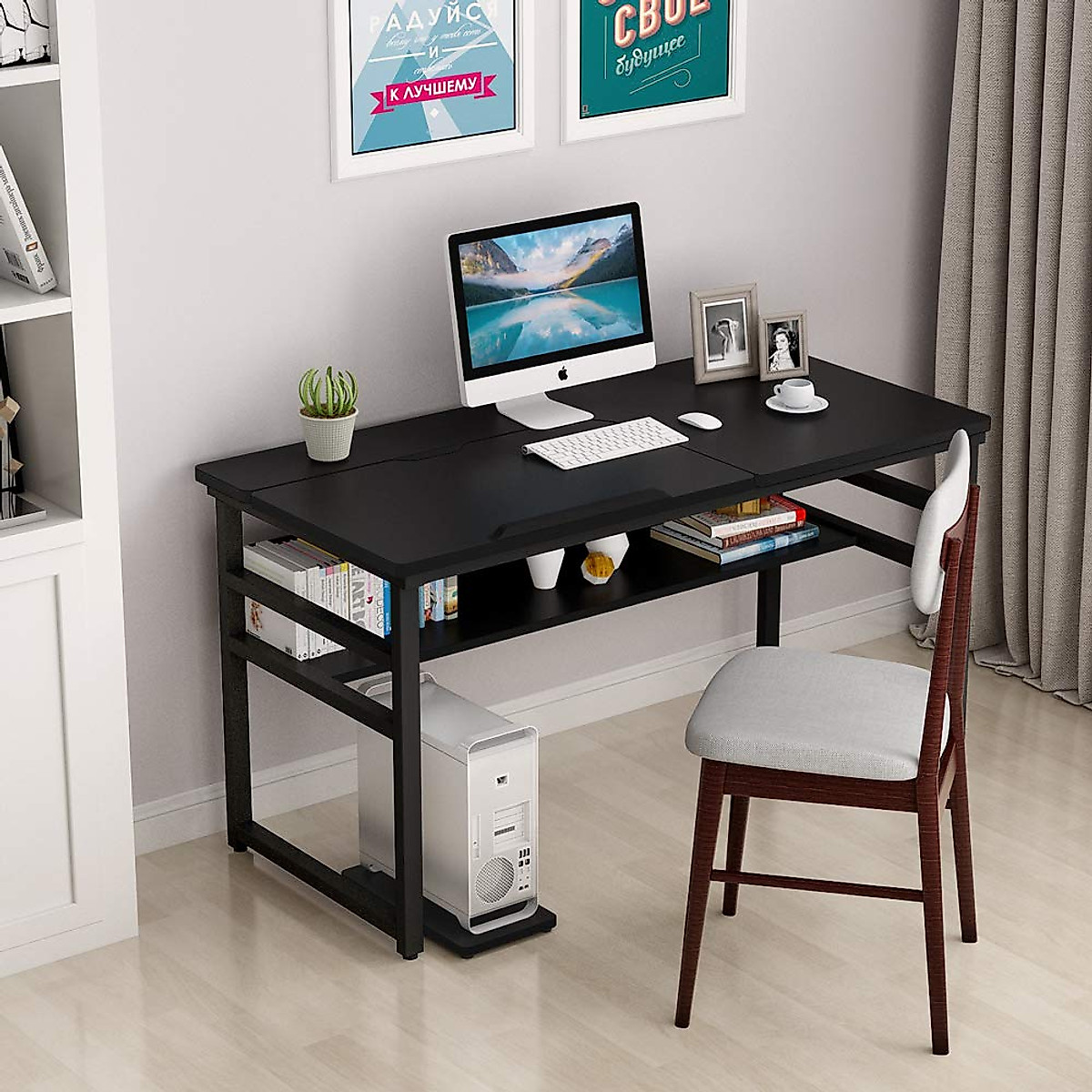 Tribesigns Modern Drafting Desk Drawing Table with Storage Shelf, 55 inch Large Computer Desk Writing Desk Craft Workstation with Tiltable Tabletop for Artist, Home Office (Black)