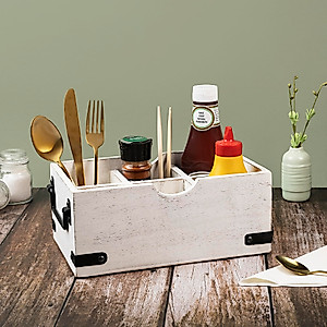 GoCraft 6 Compartment Flatware Caddy, Multipurpose Organiser for Kitchen Cutlery, Dining Silverware Condiments, Arts, Makeup Brushes, White Washed Mango Wood Caddy with Metal Handles