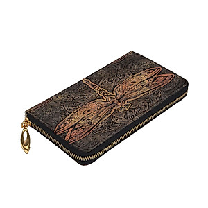 Long Handbag Purse Wristlet Bag Card Holder Wallet-Dragonfly Mandala Ethnic Tribal Leather Wallet For Women Men