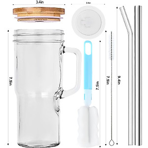 GAGAMOTEYA Clear Glass Tumbler with Straws and Lids,4 Pack 24oz Drinking Mason Jar Cups with Handle,Bamboo Lids and Stainless Steel Glass Straw,Silicone Cup Cover,for Iced Coffee,Smoothies,Beer,Juice
