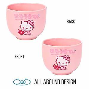 Silver Buffalo Sanrio Hello Kitty Strawberry Milk Japanese Character Ceramic Ramen Rice Bowl with Chopsticks, 20 Ounces, Pink