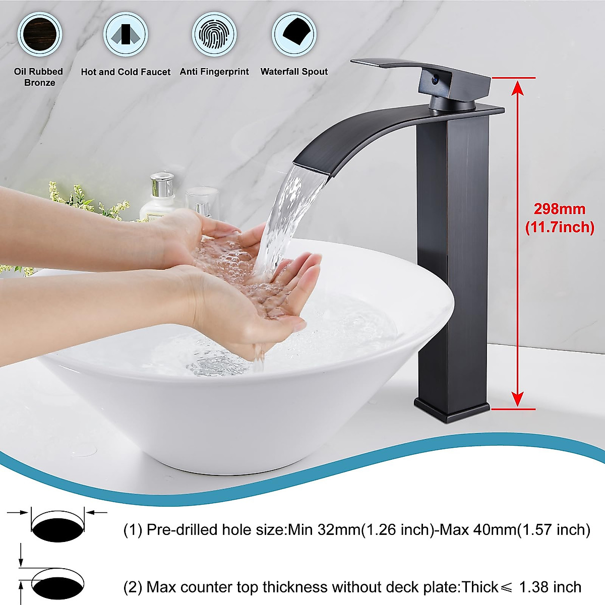 Midanya Bathroom Sink Faucet Waterfall Spout Single Handle 1 Hole Deck Mount Mixer Tap Lavatory Vanity Vessel Faucet Commercial with Pop Up Drain,Tall, Oil Rubbed Bronze