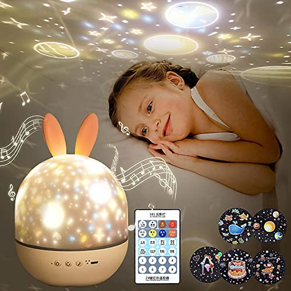 Night Light for Kids,Rotating Starry Night Light Projector with Remote Control,6 Films,USB Rechargeable,Soothe Musics,Bedside Lamp Nursery Light for Baby,Boys,Girls Birthday,Christmas Gift (White)