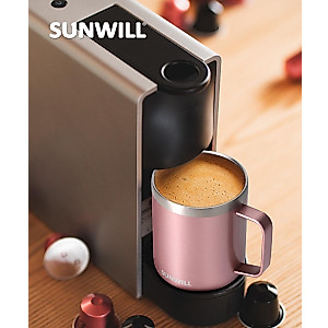 SUNWILL Coffee Mug with Handle, 14oz Insulated Stainless Steel Coffee Travel Mug, Double Wall Vacuum Reusable Coffee Cup with Lid, Rose Gold