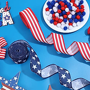 2 Rolls 20 Yard Red White and Blue Ribbon Patriotic Star and Striped Wired Ribbon Royal Blue USA Ribbon DIY Crafts for 4th of July, Independence Day, Memorial Day (Red, White, Blue, 1.5 Inch)