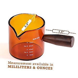 Amber 3.5oz Espresso Shot Glass Double Spouts with American Walnut Handle, Double Spout Glass Measuring Cup, Milk Frothing Pitcher