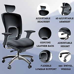 GM Seating - Ergonomic Office Chairs - High Back Desk Chair - Leather Executive Chair with Adjustable Headrest - Lumbar Support and 360 Swivel Chair for Ultimate Comfort and Productivity - Black