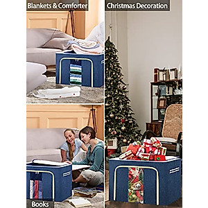 Clothes Storage Bins Boxes - 2 Pack 100L Foldable Stackable Container Organizer Set With Metal Frame, Label Holder, Clear Window, 26.4Gal Large Capacity Oxford Fabric For Closet Blanket