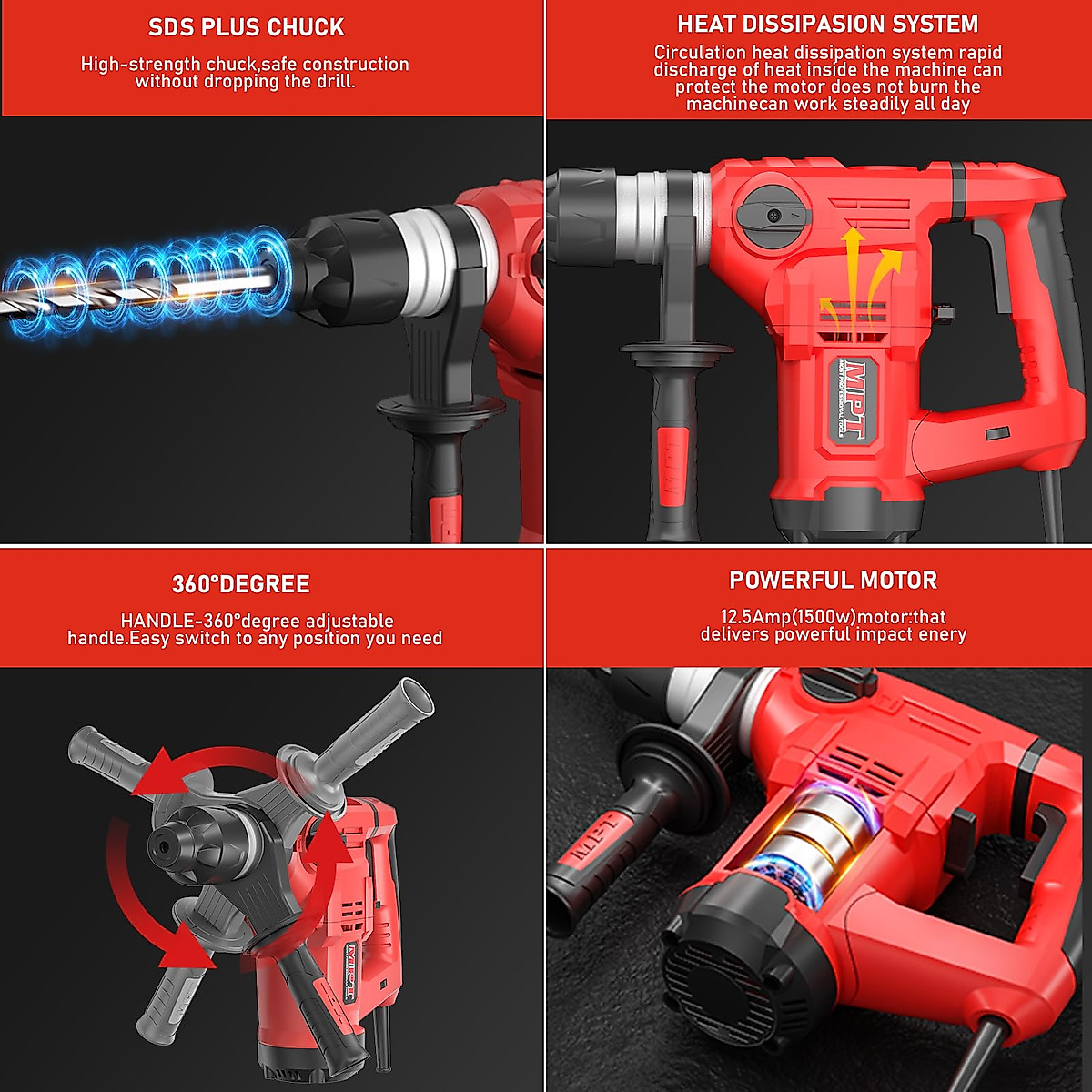 1-Inch SDS-Plus Rotary Hammer Drill, MPT 8.8 Amp Power Hammer Drill, 3 Functions Hammer Drill Heavy Duty for Concrete, Including Chisels, Drill Bits, Grease with Case