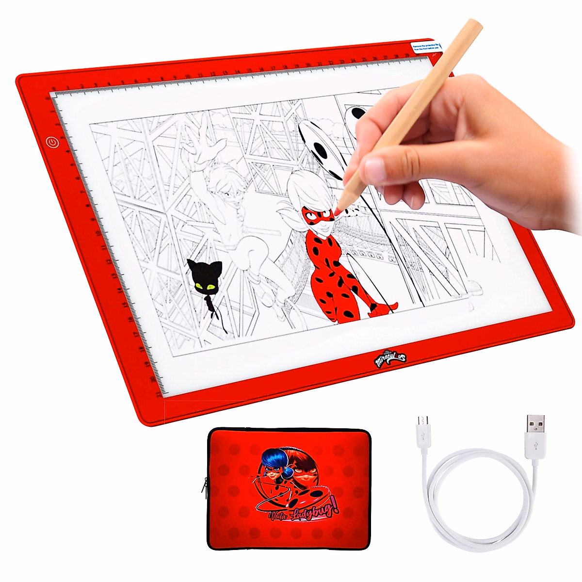 Miraculous Ladybug Portable LED A4 Light Pad Drawing Kit with Neoprene Case - Ultra-Thin USB Tracing Pad, Adjustable Light Box & 5 Coloring Pages - Art, Sketching, Tracing Tool (Ladybug)