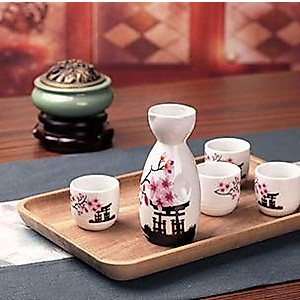 ABuff Japanese Sake Set, 1 Tokkuri Bottle & 4 Ochoko Cups, Spring Blossoms Ceramic Sake Set- Microwave and Dishwasher Safe