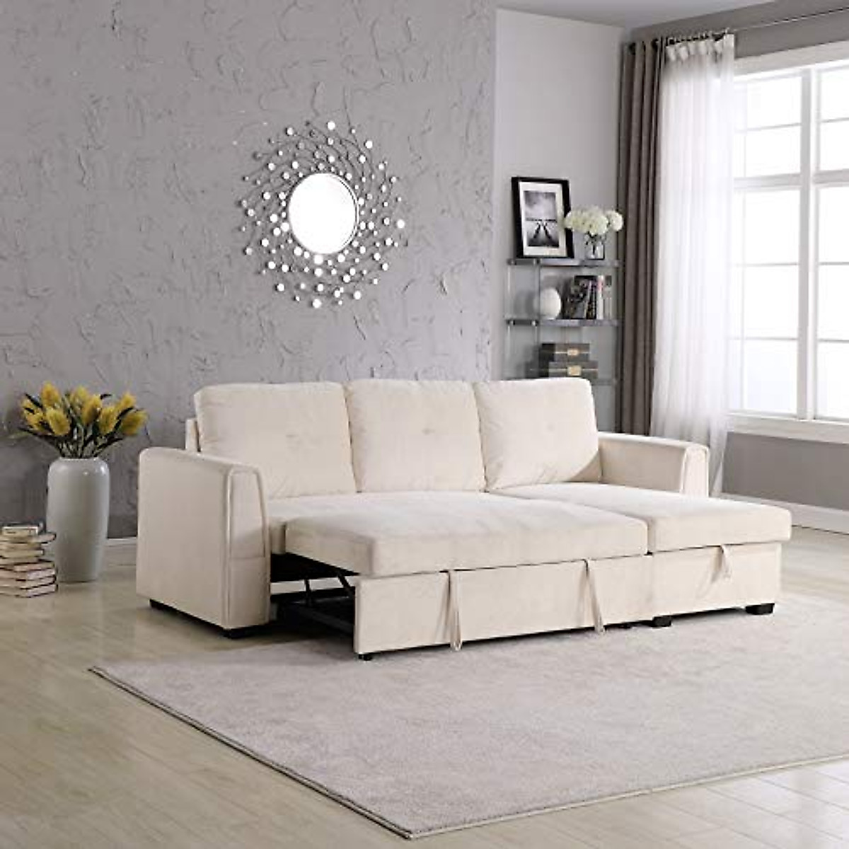 Legend Vansen 91''Velvet Sofa Chaise Storage Reversible L-Shape Sleeper Sectional,Sofabed,Seelper, Apt, Cream