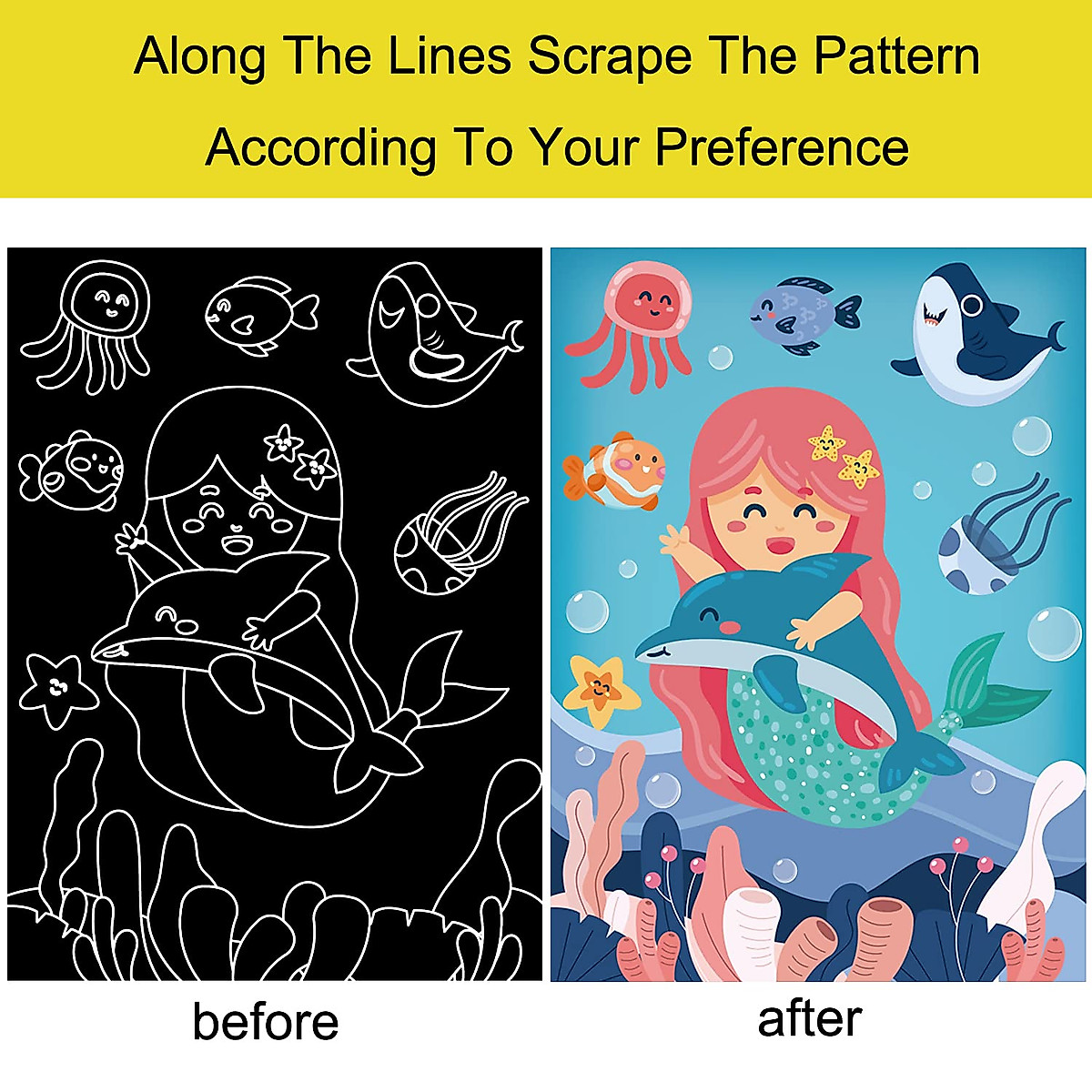 Mocossmy Mermaid Magic Scratch Art for Kids,9 Sheets Double Sided Mermaid Ocean Theme Rainbow Scratch Paper Scratch Art Crafts & Scratch Sticks for Kids Boys Girls Birthday Party Favor Supplies Games