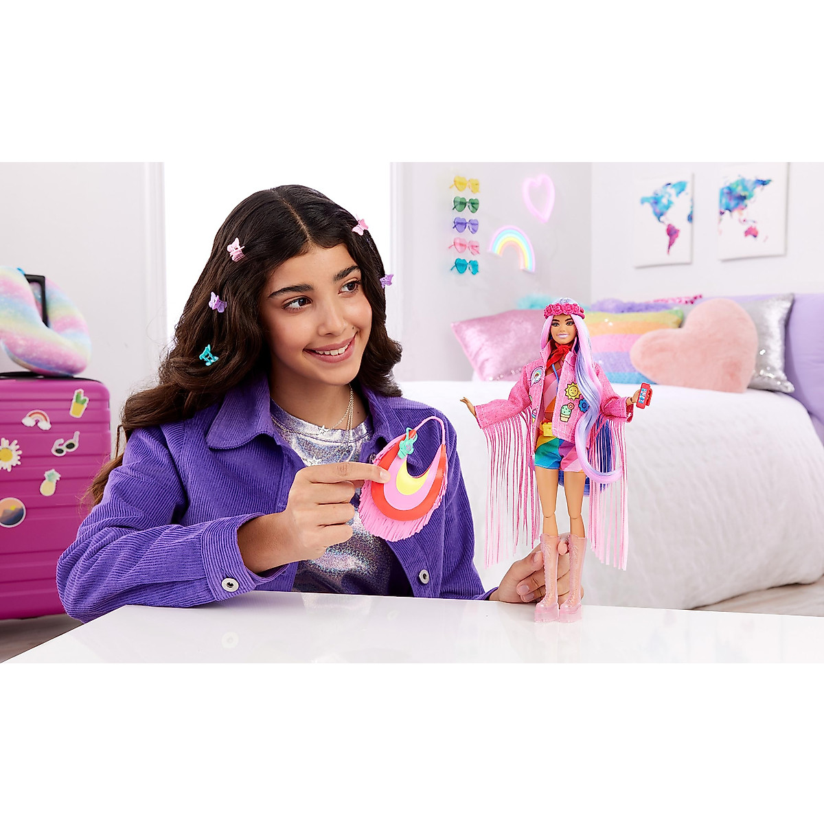 Barbie Extra Fly Doll with Desert-Themed Travel Clothes & Accessories, Fringe Jacket & Oversized Bag, 3Y+, Includes 1 Barbie® doll with fashion, shoes, and assorted accessories
