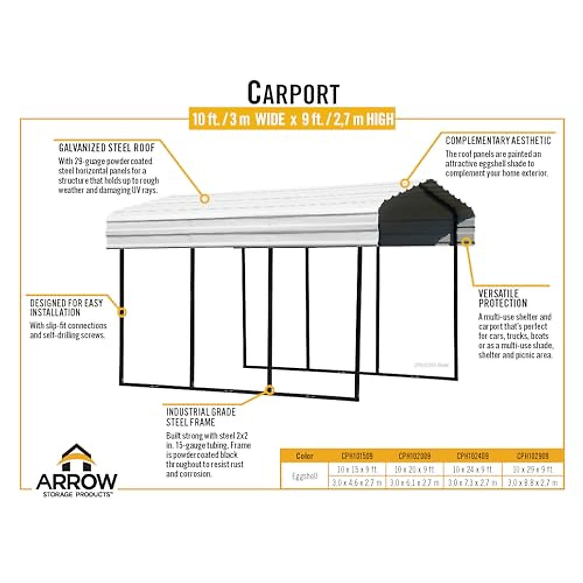 Arrow Carports Galvanized Steel Carport, Compact Car Metal Carport Kit, 10' x 24' x 9', Eggshell