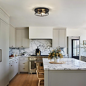 VIOLOEMI Farmhouse Light Fixtures, Black Round Metal Flush Mount Ceiling Light, 3-Light Cage Ceiling Lamp for Kitchen, Foyer, Bedroom, Hallway（Bulbs Not Included）