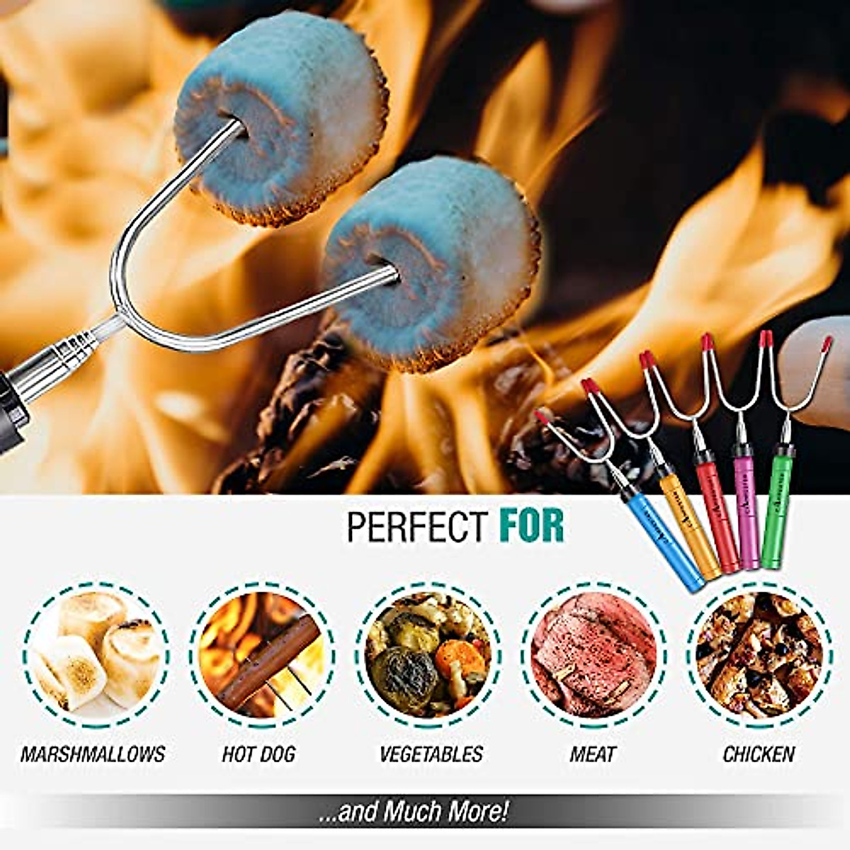 Campester Marshmallow Roasting Sticks with Wooden Handles, Set of 5 Telescopic Smores Skewers for fire Pit, Camping and Grilling, 34 inch extendable Stainless Steel Forks for Hot Dogs and Meat