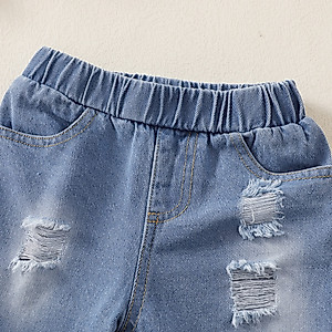 XUANHAO 2T 3T Girl Clothes Toddler Clothes For Girls Summer Outfits Short Sleeve Ruffle Floral Sunflower Top Ripped Denim Short Jeans Toddler Girl Clothes 2T 3T