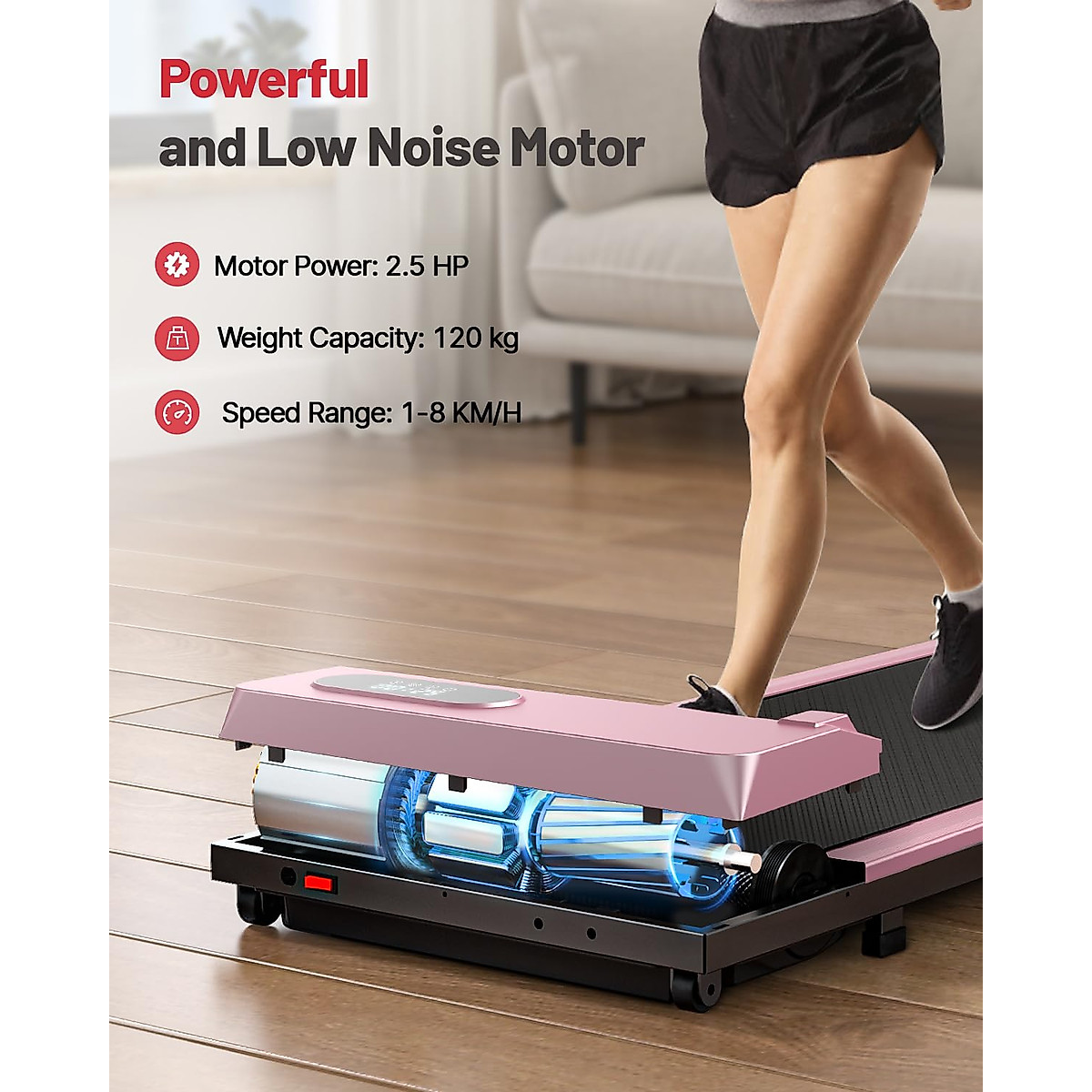 Walking Pad Treadmill, 5.0MPH Portable Under Desk Treadmills for Home Office, 3 in 1, No Assembly Required, Remote Control, 300 Lb Capacity (Pink)