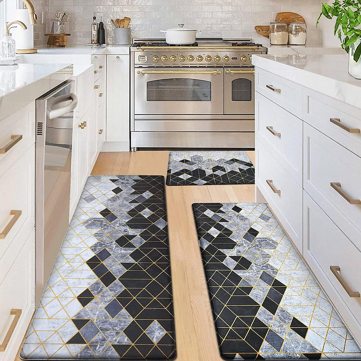 Kitchen Mats 3 Piece Set, Memory Foam Kitchen Rugs Mat Non Slip Washable for Floor, Modern Kitchen Mats Cushioned Anti Fatigue, Waterproof Kitchen Runner Rug, 18‘’ x 30‘’ + 18'' x 48'' + 18'' x 60''