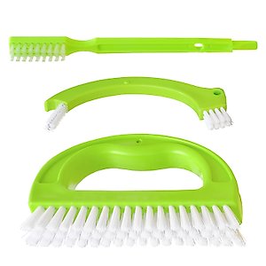 Grout Cleaner Brush with Handle - Set of 3 Green Tile Joint Scrub Brushes for Deep Cleaning - Kitchen Bathroom Window Door Track Stove Tops Seams Shower Floor Lines - Homeowners Professionals DIYers