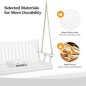VINGLI Heavy Duty 880 LBS Wooden Patio Porch Swing with Cup Holder, Outdoor Swing Chair Bench with Adjustable Chains for Porch, Yard, Balcony, Tree (5FT, White)