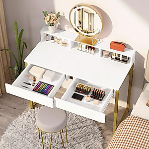 GreenForest Vanity Desk with 2 Drawers, White Makeup Desk with 3 Storage Spaces, 40 inch Small Desk with Gold Metal Legs, Modern Home Office Desk for Kids, Bedroom (No Mirror)