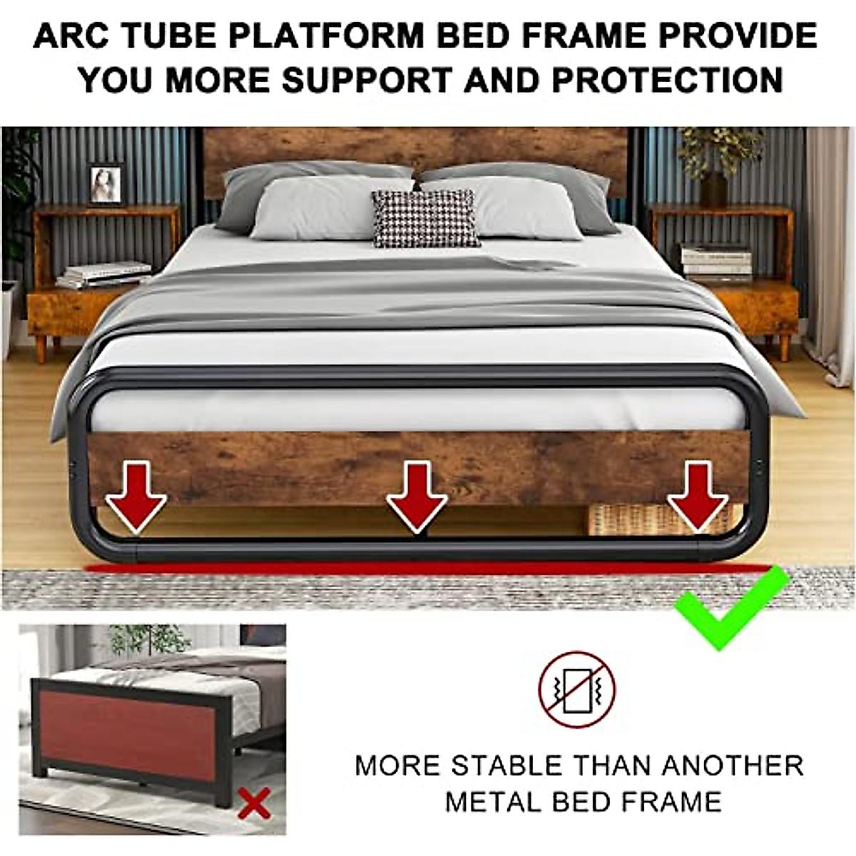 Catrimown Full Size Bed Frame with Headboard Metal LED Bed Frame Full Size Platform Bed Frame Full Heavy Duty Full Wood Platform Bed Frame Under Bed Storage Noise Free No Box Spring Needed