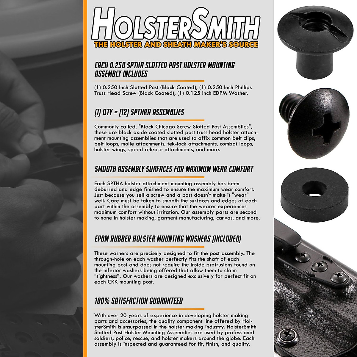 HolsterSmith Holster Attachment Mounting Assembly – (12 Pack) - (1/4 Chicago Slotted Binding Post + 1/4 Truss Head Screw + 1/8 EPDM Washer) - for DIY KYDEX Holster Belt Clips & More