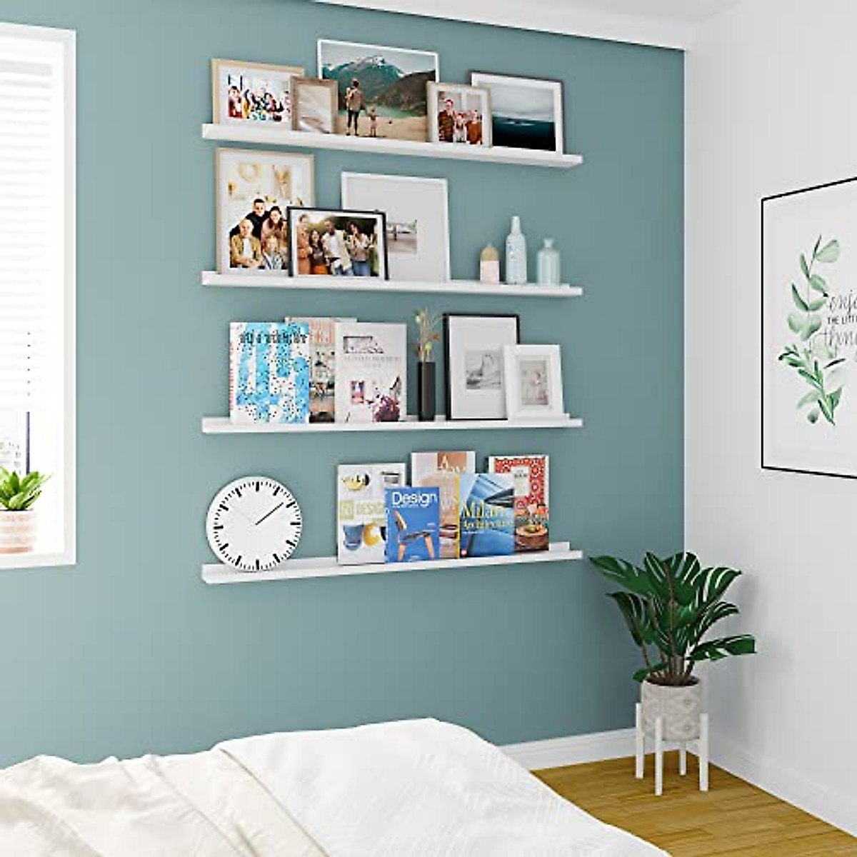 Wallniture Denver 46" White Floating Shelves for Wall Decor, Wall Bookshelves for Living Room, Photo Ledge for Bedroom, Rustic Wall Shelves, Floating Wall Bookshelf, Wood Picture Ledge Shelf Set of 4