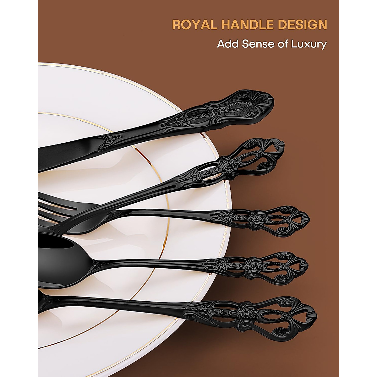 EUIRIO 40 Pieces Royal Silverware Set Black, Retro Flatware Set for 8, Stainless Steel Cutlery Set with Luxury Forks Spoons and Knives, Utensils Set Mirror Polished, Dishwasher Safe