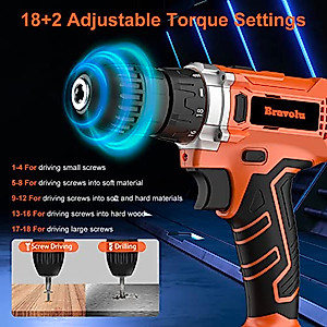 Cordless Drill, Bravolu 21V Cordless Electric Drill Set with 1 x 2Ah Battery, Torque 18 + 2, 310 in-lbs Max, 3/8-Inch Keyless Chuck 1500RPM 2 Variable Speeds and LED light, for Drilling Wood and Metal