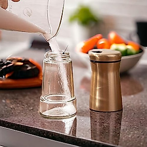 Elegant Copper Gold Salt and Pepper Shaker Set Adjustable Stainless Steel and Glass Modern Design Adjustable Top Makes it the ideal Spice and Seasoning Dispenser Kitchen Sugar and Cinnamon Shakers